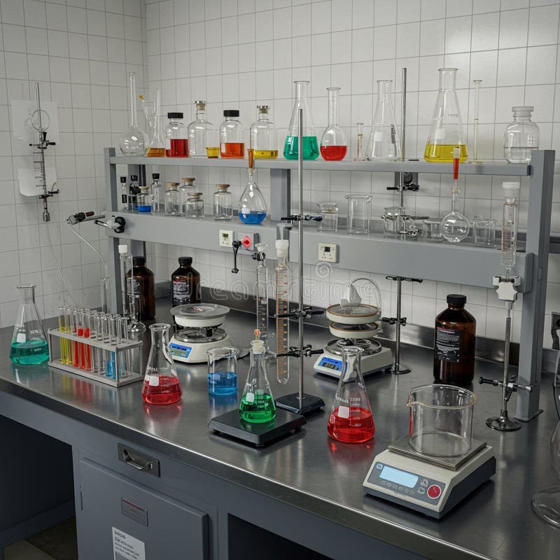 Science Lab with Beakers, Flasks, and Experimental Setup Equipment ...