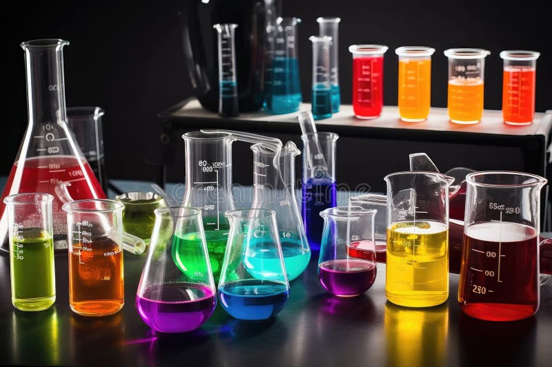 Science Lab with Beakers, Flasks, and Test Tubes Filled with Colorful ...