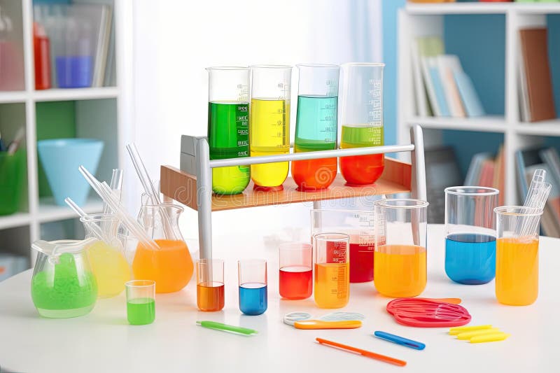 Science Lab with Beakers, Flasks, and Test Tubes Filled with Colorful ...