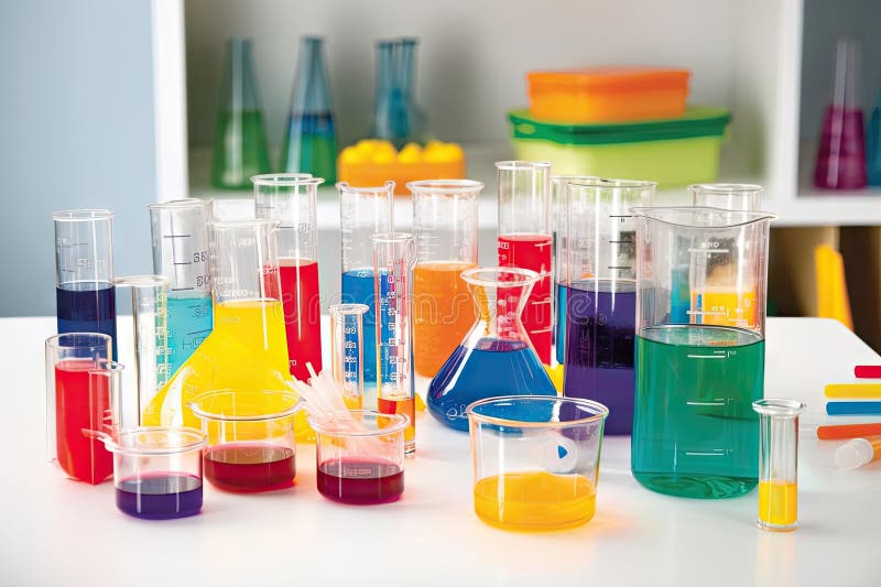 Science Lab with Beakers, Flasks, and Test Tubes Filled with Colorful ...