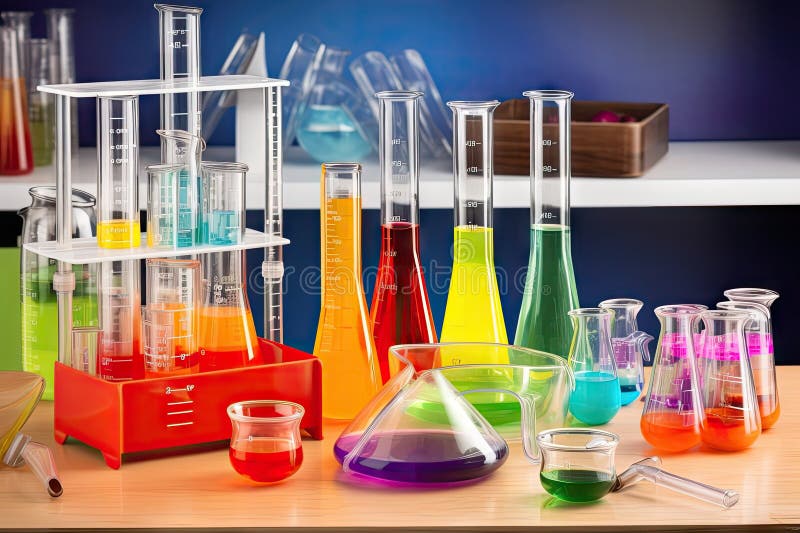Science Lab with Beakers, Flasks, and Test Tubes Filled with Colorful ...