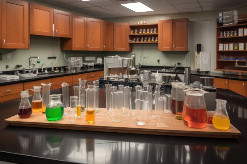 Science Lab with Beakers, Flasks, and Test Tubes for Mixing and ...