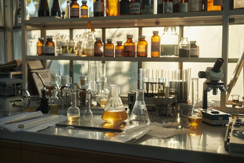 Science Lab with Beakers, Microscope, and Other Equipment Indicates ...