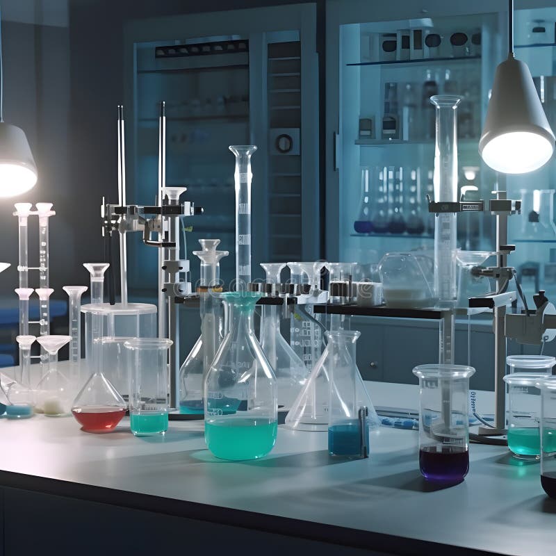 A Science Lab with Beakers and Test Tubes on a Lab Bench Two Created ...