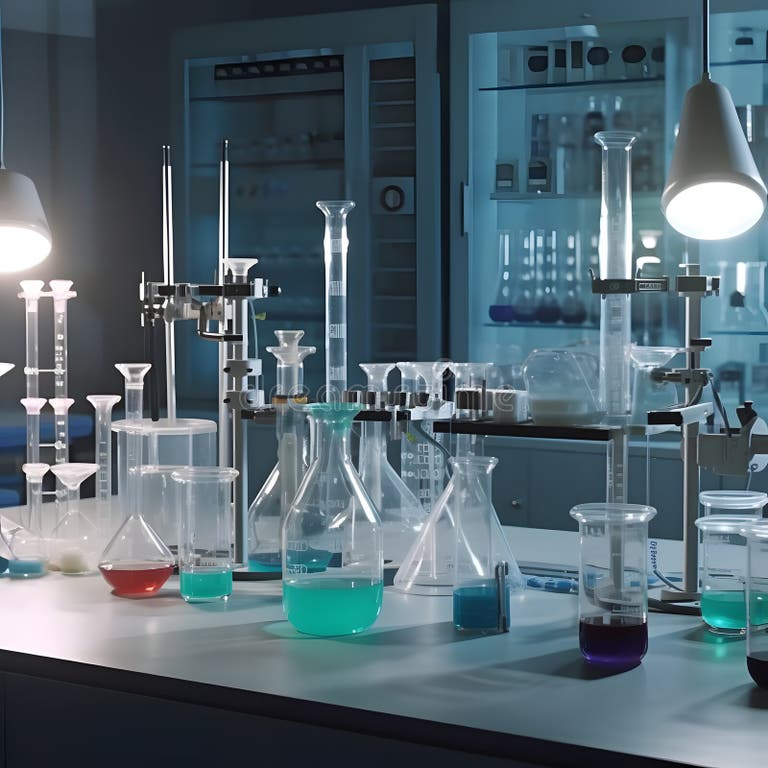 A Science Lab with Beakers and Test Tubes on a Lab Bench Two Created ...