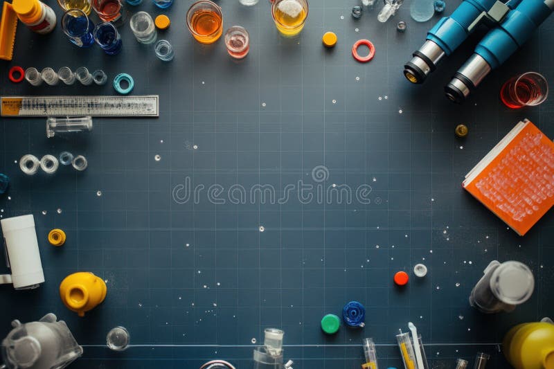 Science Lab Equipment Arranged on a Dark Surface Stock Image - Image of ...