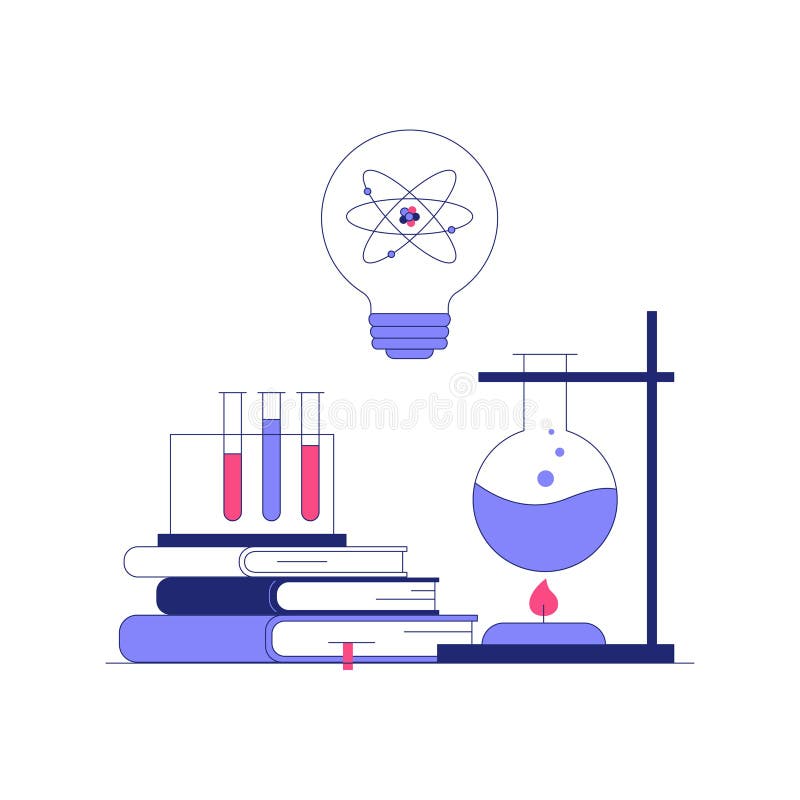 Science Lab Equipment with Books and Atom Light Bulb in Flat Vector ...
