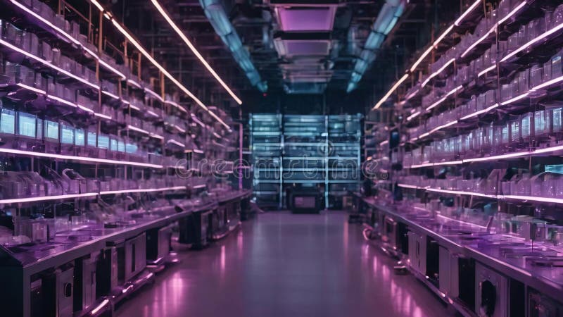 Science Lab with Equipment Shelves and Purple-blue Lights Stock ...