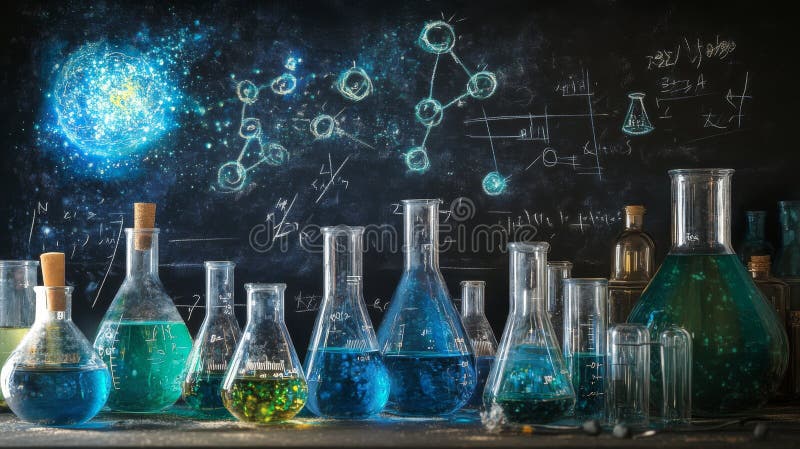 Science Lab with Glowing Liquids and Cosmic Chalkboard Stock Image ...