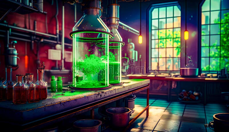 Science Lab with Green Substance in Large Beaker Filled with Liquid ...