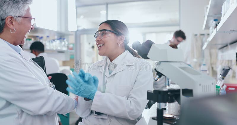 Science, Lab Microscope and Happy Team Talking, Excited and Smile for ...