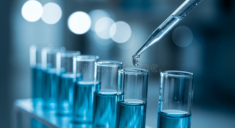 Science Lab: Pipette Adding Blue Liquid To Test Tubes Stock ...