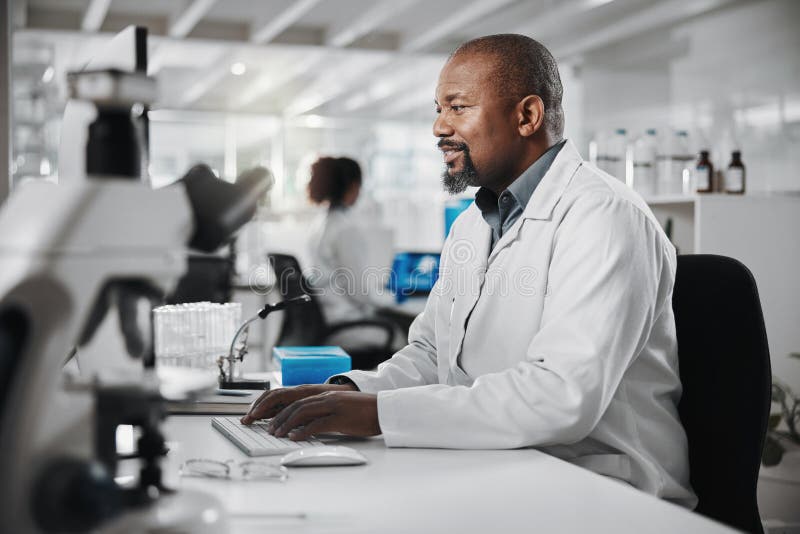 Science, Lab and Research with Black Man and Computer for Microscope ...