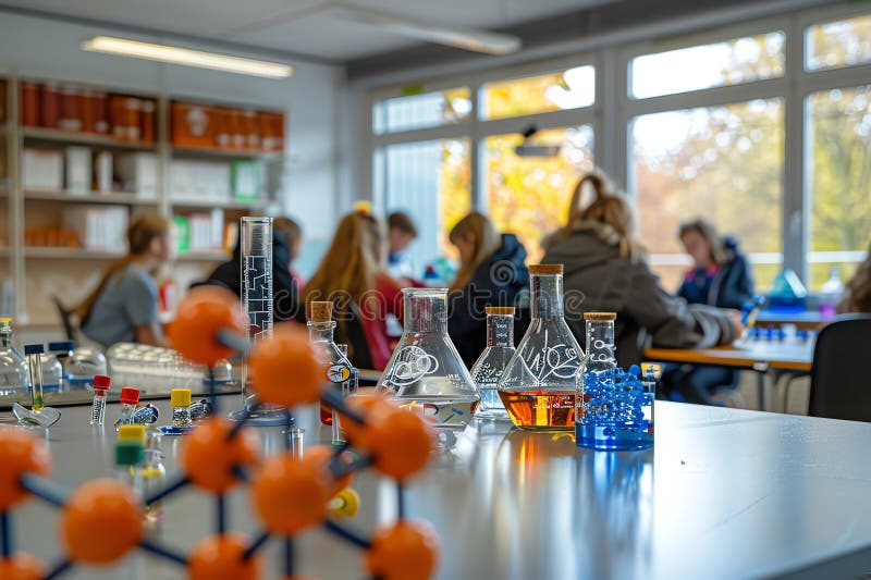 Science Lab with Students Learning in the Background, Flasks and ...