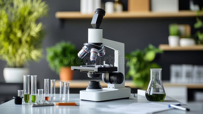 Science Lab Table with Microscope and Test Tubes Symbolizes Practical ...