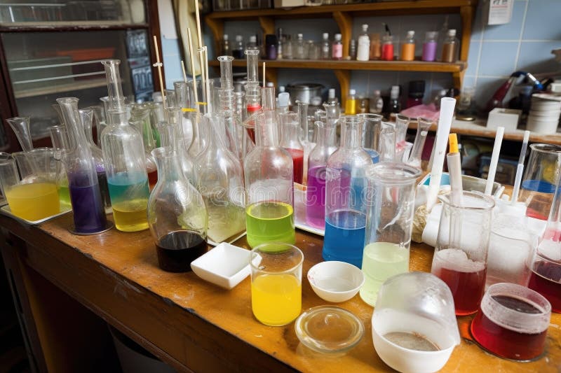 Science Lab with Various Experiments in Progress, Including Beakers and ...
