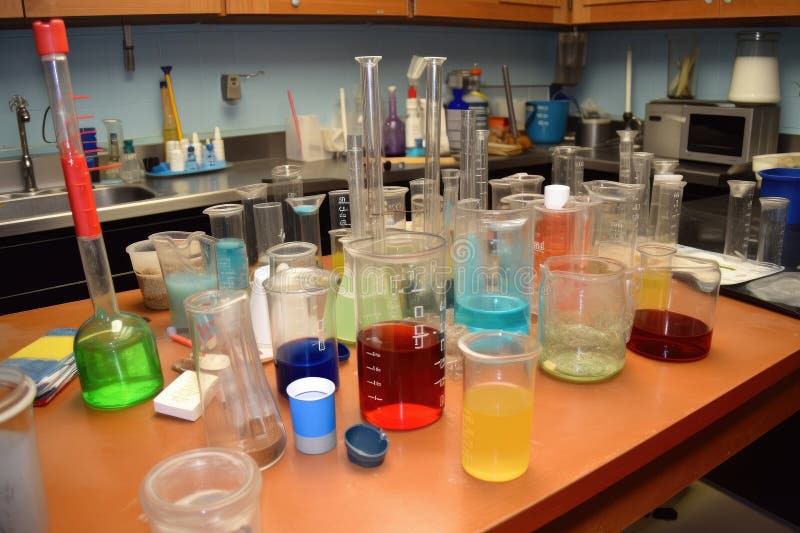 Science Lab with Various Experiments in Progress, Including Beakers and ...