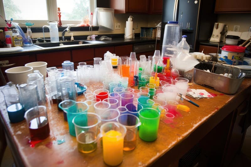 Science Lab with Various Experiments in Progress, Including Beakers and ...