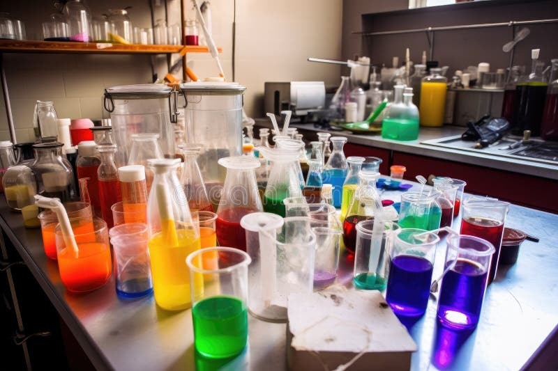 Science Lab with Various Experiments in Progress, Including Beakers and ...