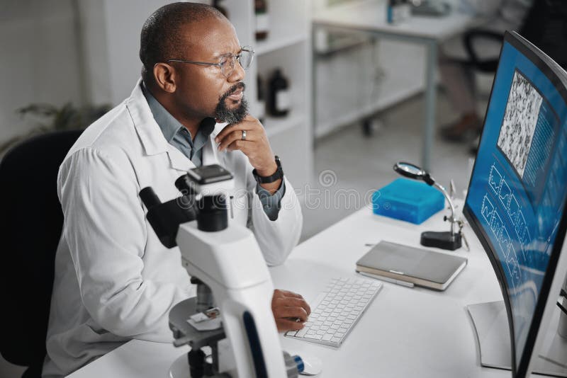Science, Lab and Virus Research with Black Man and Computer for ...