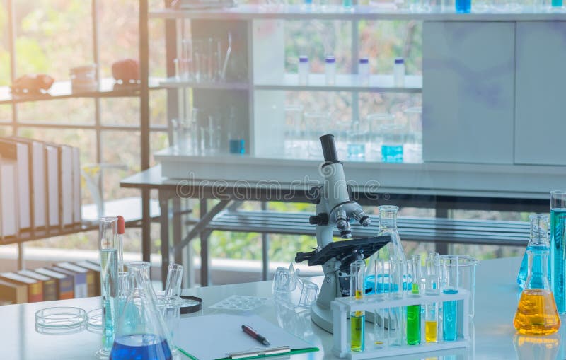 Science Laboratory Different Glassware Equipment with Color Liquid Test ...