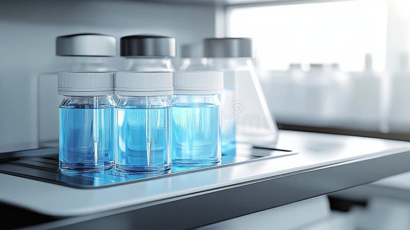 Science Laboratory Research Blue Reagent Filled Vials and Flasks Inside ...