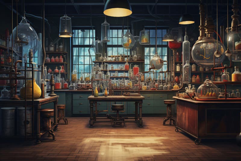 Science Laboratory Scene, Beakers, Flasks, Tubes, and Chemicals Stock ...