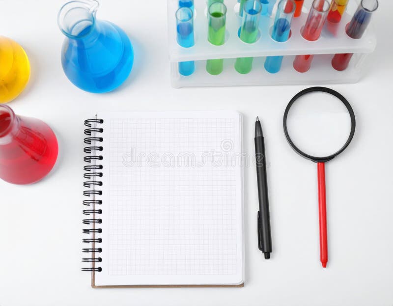 Science Laboratory Setup with Colorful Chemical Flasks and Notebook Top ...