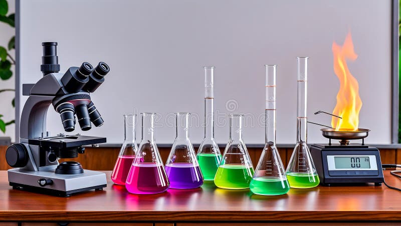 Science Laboratory Setup with Neatly Arranged Equipment on Wooden Table ...
