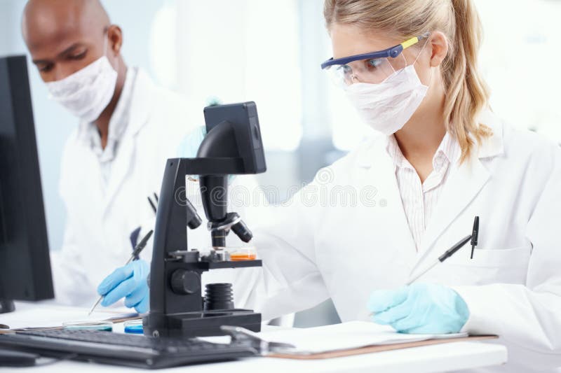 Science, Man and Woman in Mask with Microscope, Study and Technology in ...