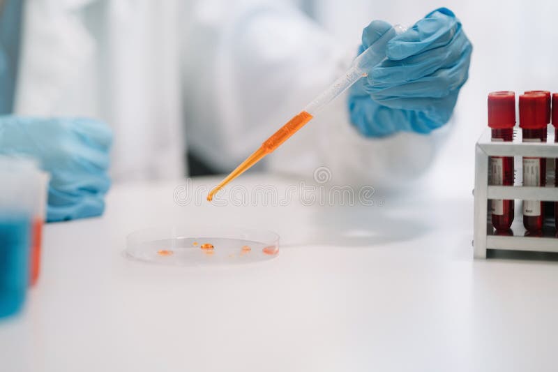 Science and Medicine, Scientist Analyzing and Dropping a Sample into a ...