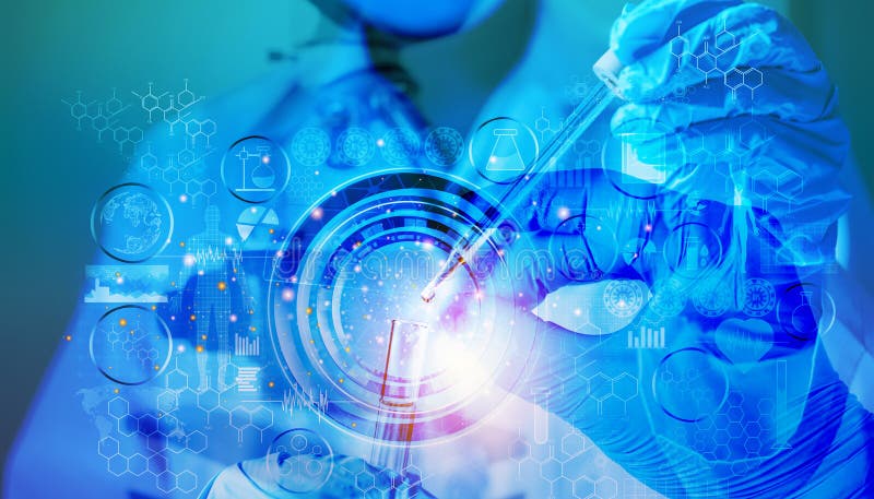 Science and Medicine Scientists Analyze and Drop Samples into Glassware ...