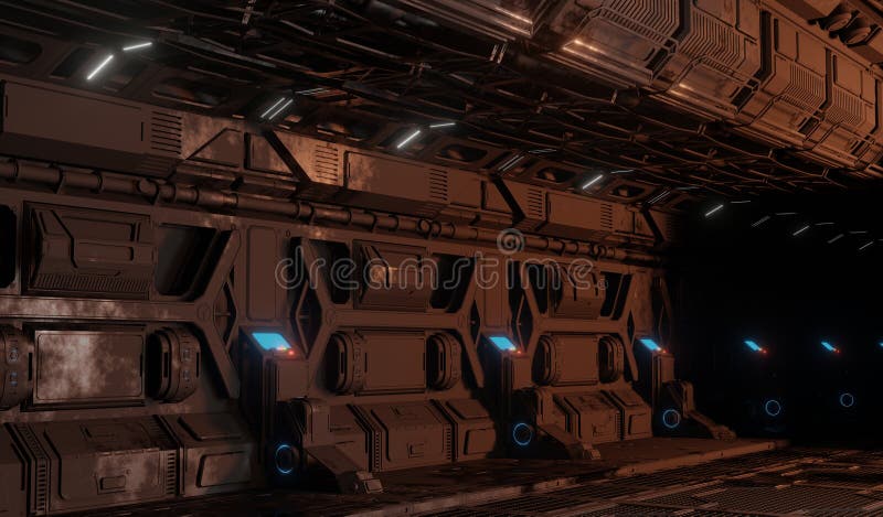 A Science Meta Wall Panel Control Room in Dark Scene Stock Illustration ...