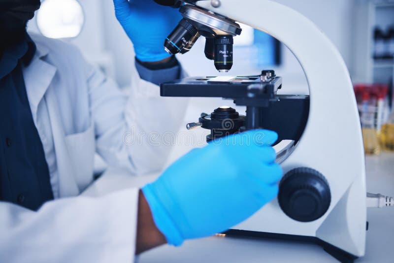 Science, Microscope and Hands of a Scientist in a Lab Doing Research ...