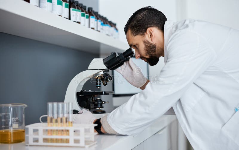 Science, Microscope and Innovation with a Doctor Man at Work in a ...