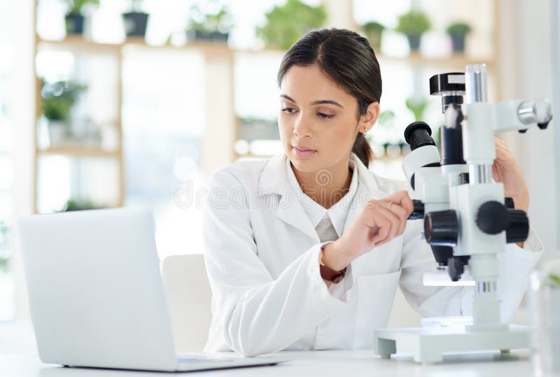 Science, Microscope and Laptop in Lab with Research for Sample Analysis ...