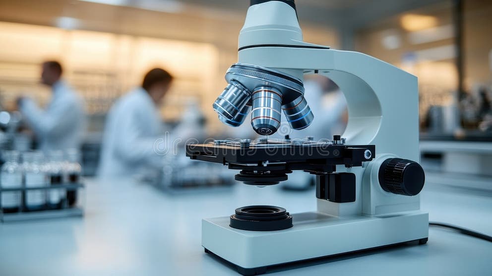 Science Microscope Standing on a Table in the Lab. Medical Room with a ...