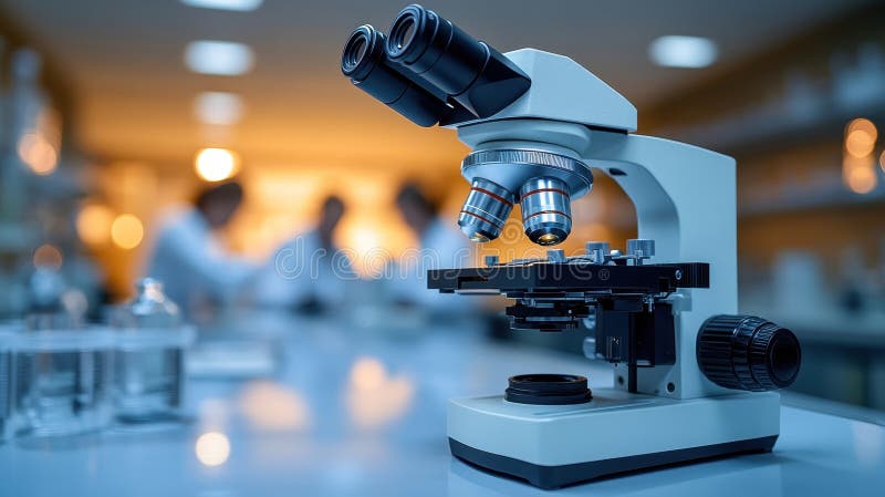Science Microscope Standing on a Table in the Lab. Medical Room with a ...