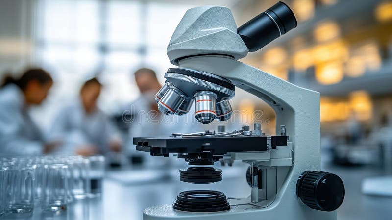 Science Microscope Standing on a Table in the Lab. Medical Room with a ...