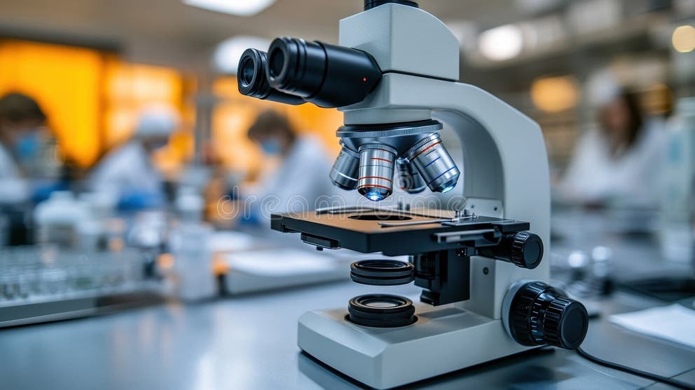 Science Microscope Standing on a Table in the Lab. Medical Room with a ...