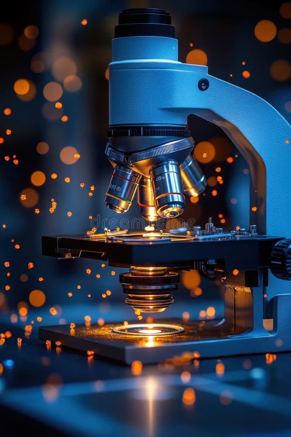 Science Microscope Standing on a Table in the Lab. Medical Room with a ...