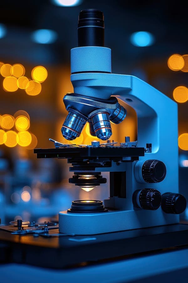 Science Microscope Standing on a Table in the Lab. Medical Room with a ...