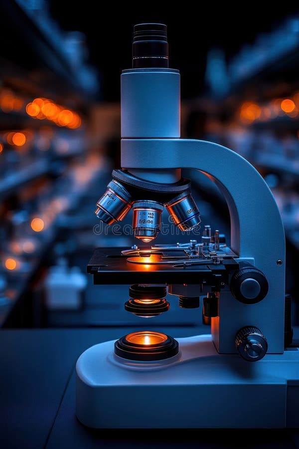 Science Microscope Standing on a Table in the Lab. Medical Room with a ...