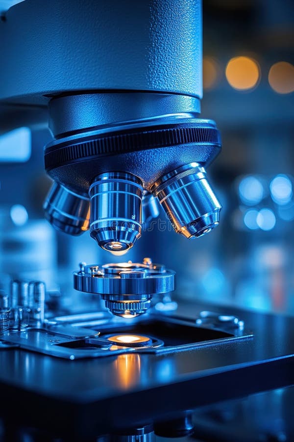 Science Microscope Standing on a Table in the Lab. Medical Room with a ...