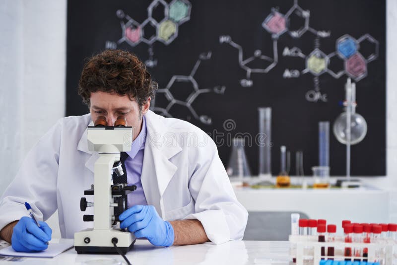 Science, Notes and Man with Microscope for Research in Chemistry ...