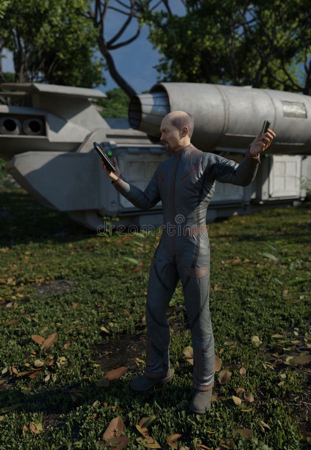 Science Officer Analyzing Data on an Alien Planet Stock Illustration ...