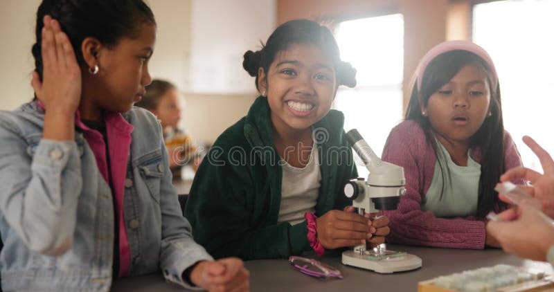 Science, Portrait and Happy Kids with Microscope for Learning, Stem ...