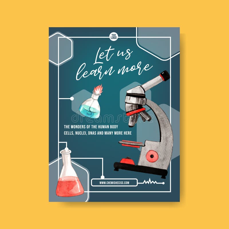 Science Poster Design with Microscope, Erlenmeyer Flask Watercolor ...