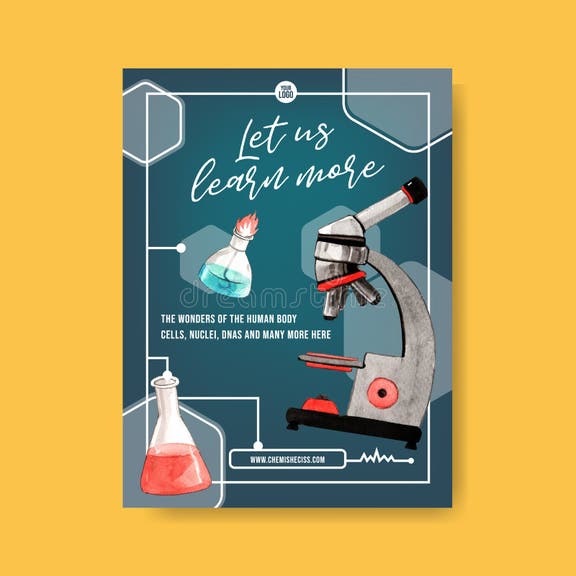 Science Poster Design with Microscope, Erlenmeyer Flask Watercolor ...
