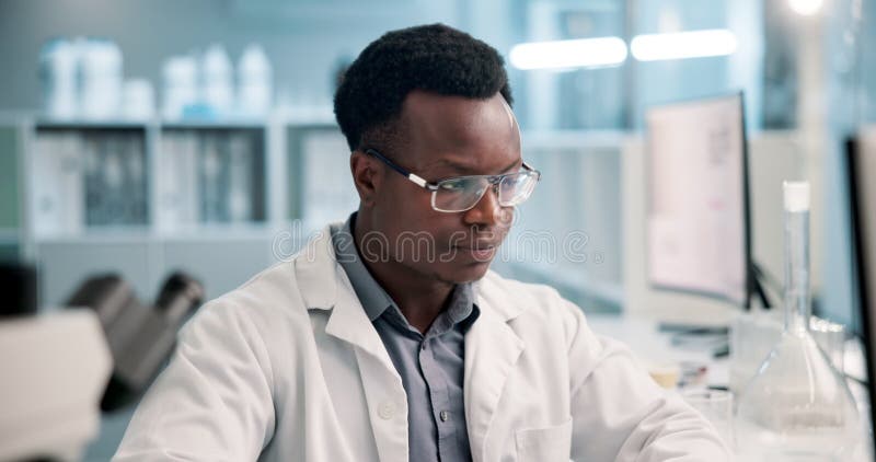 Black Man, Scientist and Chemicals in Beaker at Lab for Research ...